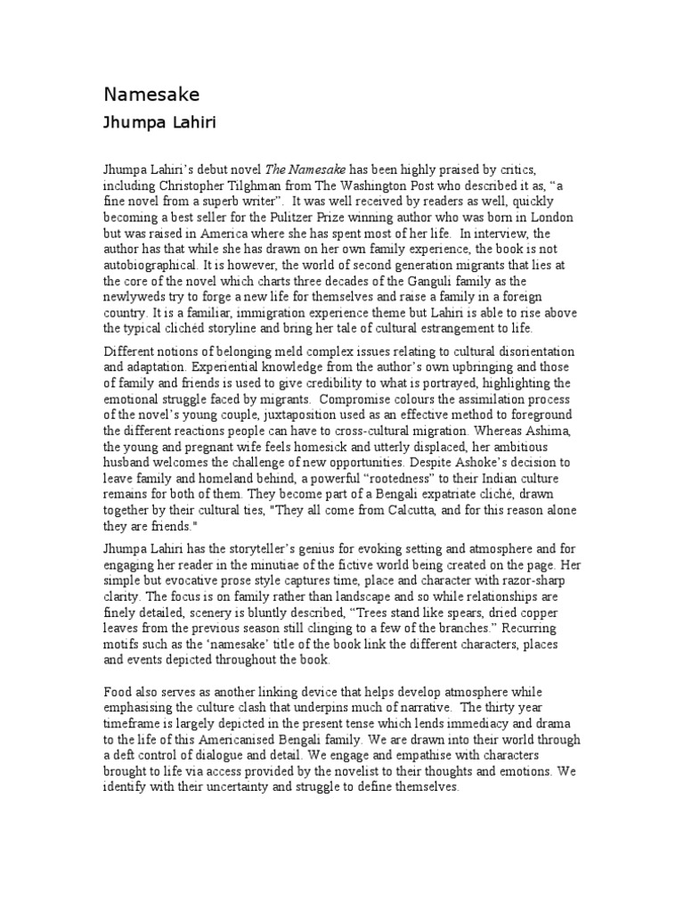 Namesake: Jhumpa Lahiri | PDF