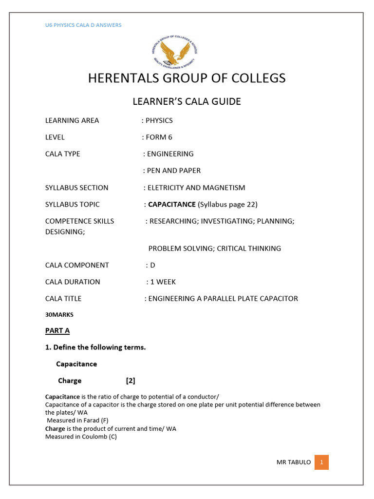 U6 Physics CALA D Answers | PDF | Capacitance | Capacitor