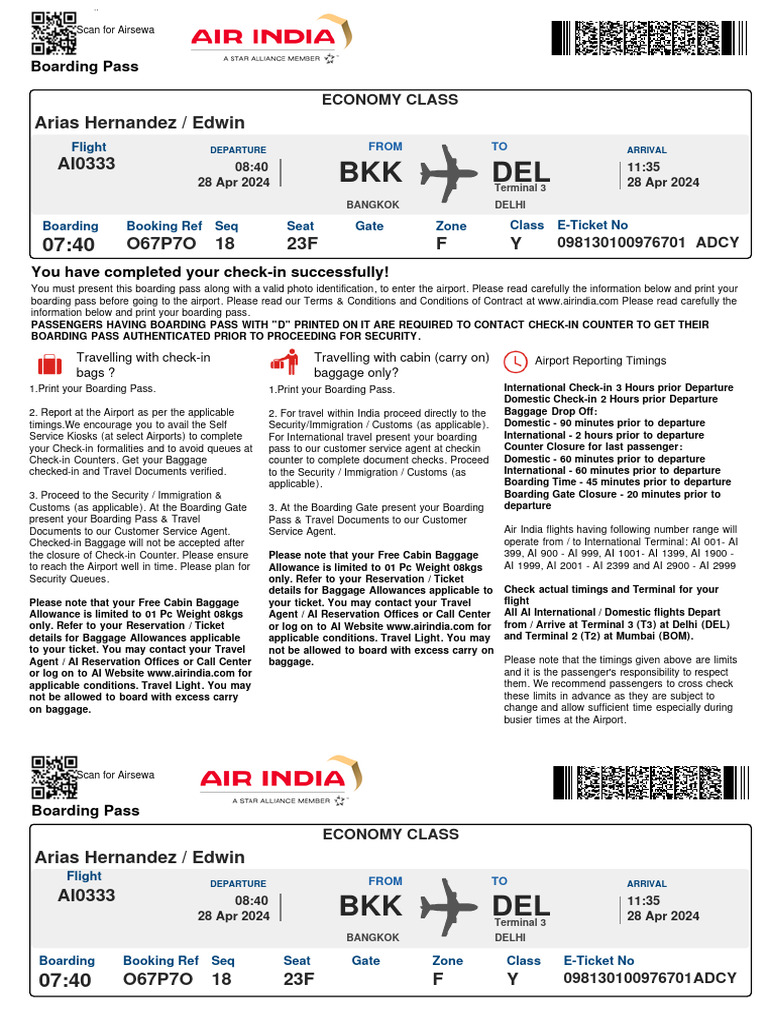 Air India Boarding Pass Instructions | PDF | Aviation