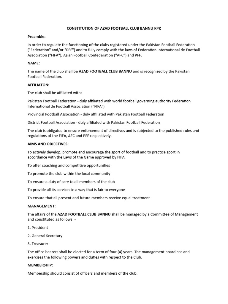 Constitution of Azad Football Club Bannu KPK | PDF | Association ...