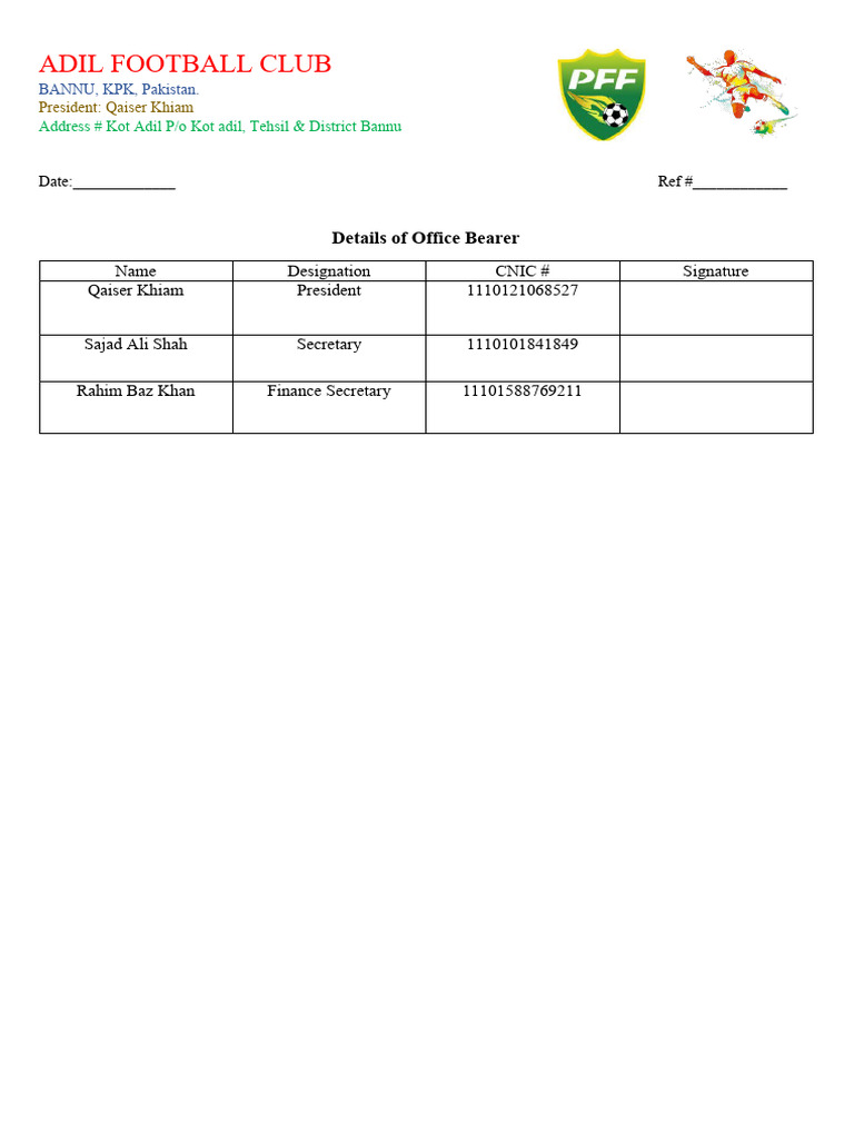 Adil Football Club Office Bearers List | PDF