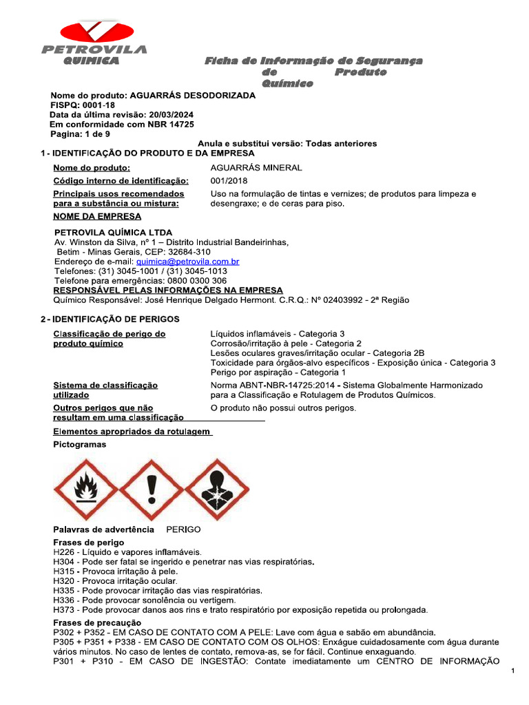 Ficha de Informacao de Seguranca de Produto Quimico Aguarras | PDF
