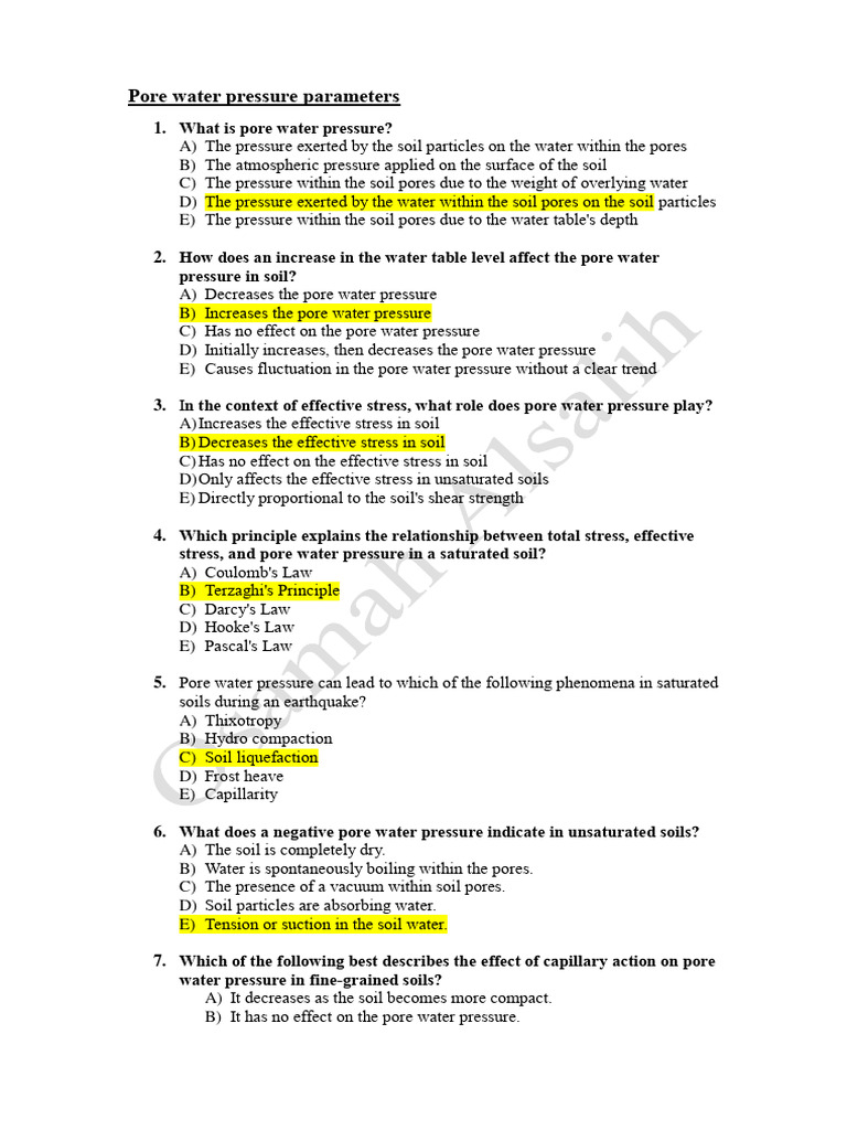 MCQ Soil Mechanics Equestions (Effective Stress and Pore Water Pressure ...