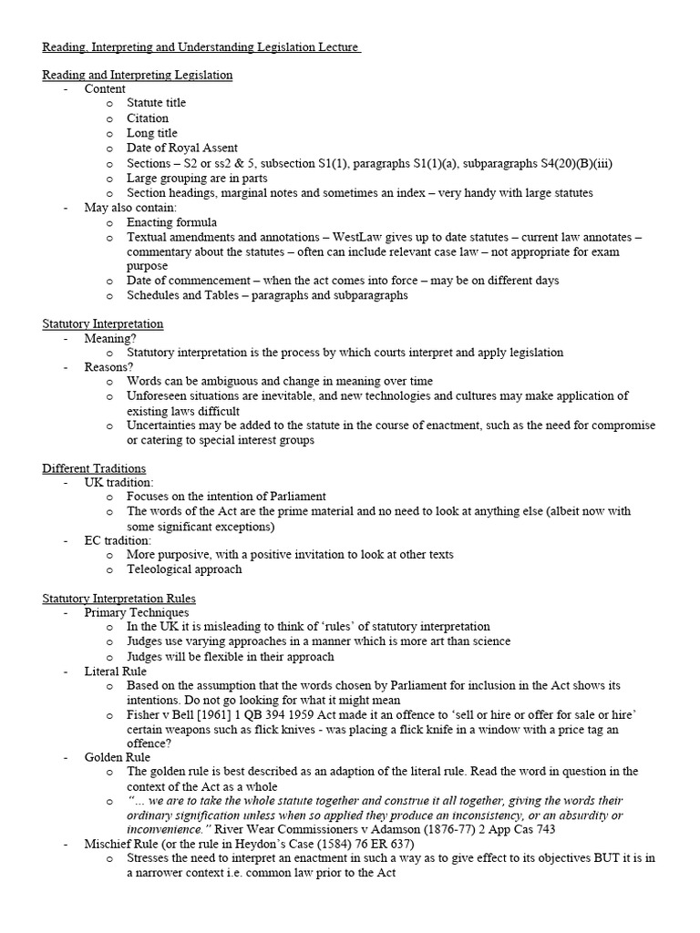 Reading, Interpreting and Understanding Legislation Lecture | PDF ...