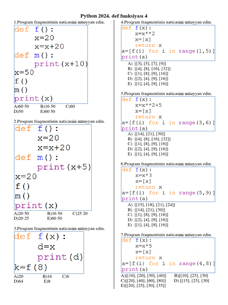 Python 2024. Dərs 17. Def Funksiyası 4-Cavabsiz | PDF