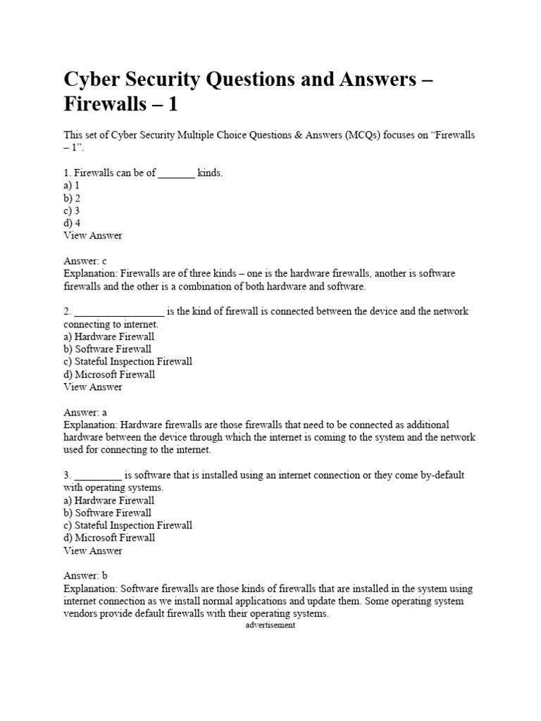 Cyber Security Questions and Answers - Firewalls - 1: Advertisement ...