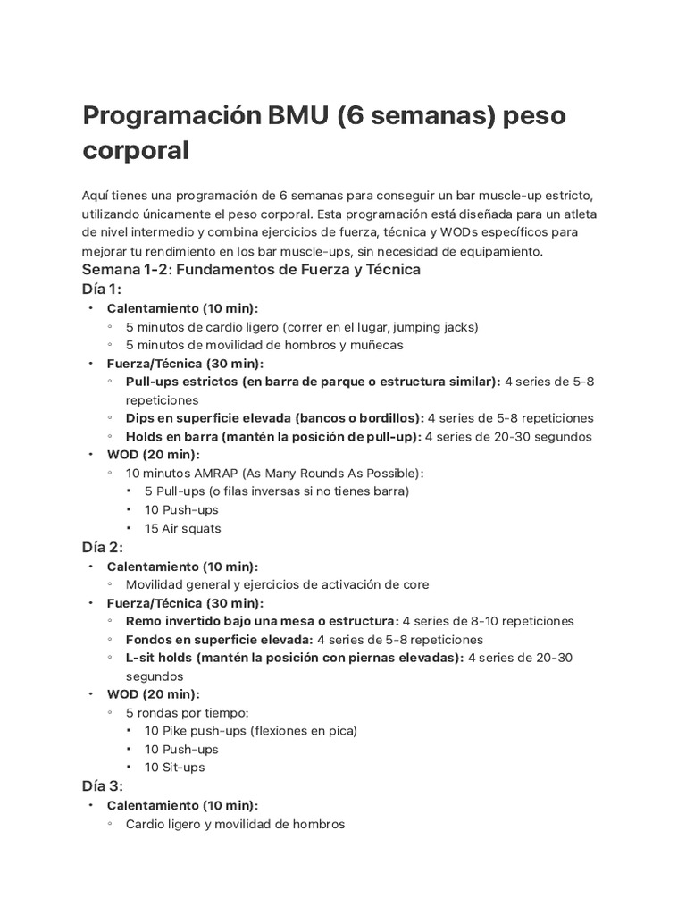 Programación BMU (6 Semanas) Peso Corporal | PDF