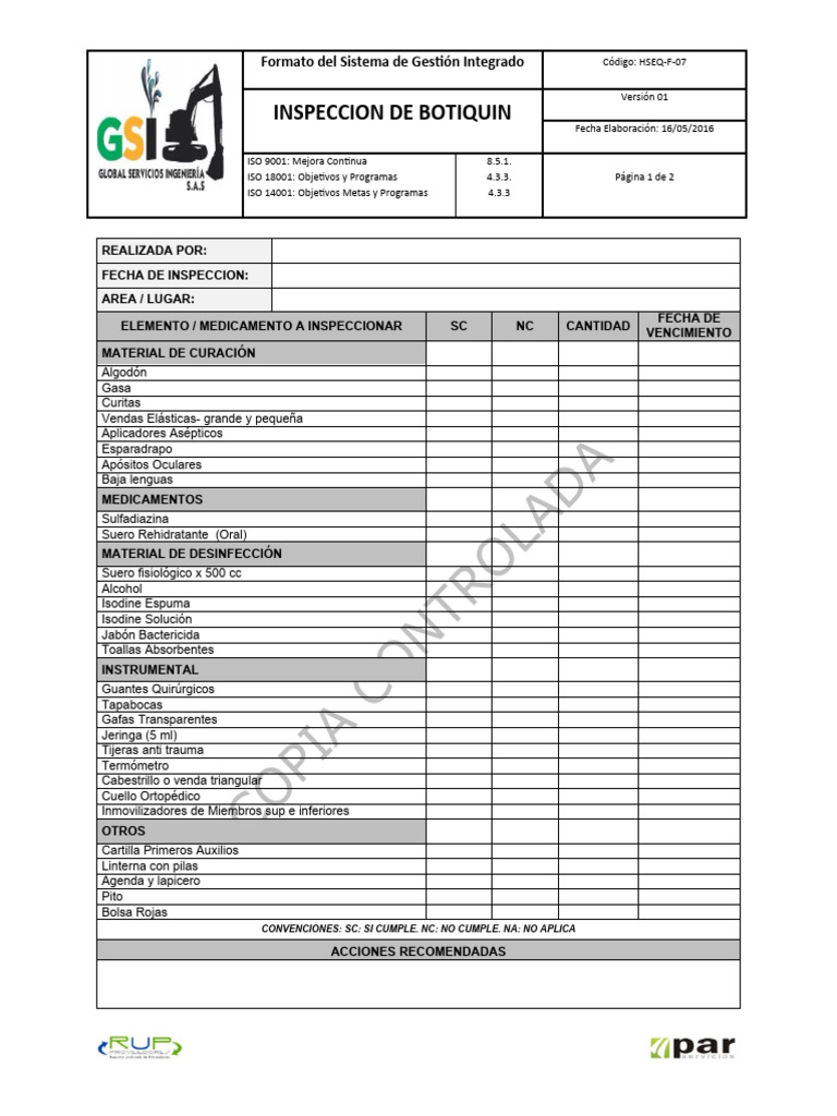 HSEQ-F-07 - Formato Inspección de Botiquín | Descargar gratis PDF | Gestión de emergencias ...
