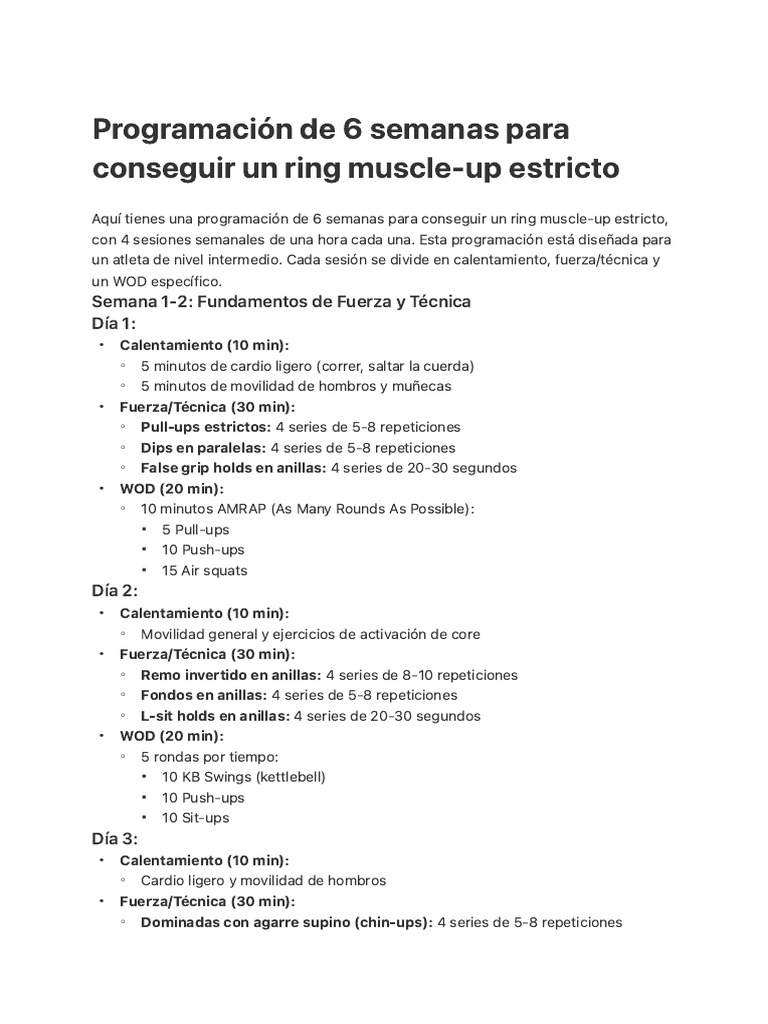 Programación de 6 Semanas para Conseguir Un Ring Muscle-Up Estricto | PDF