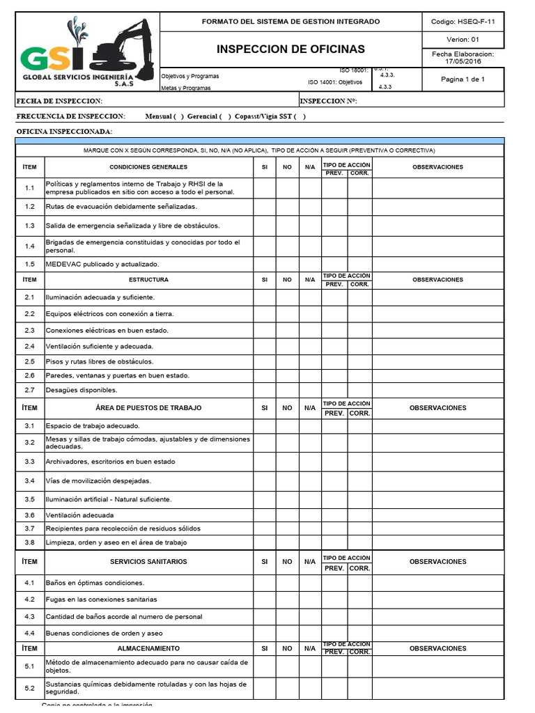 HSEQ-F-11 - Formato Inspeccion de Oficinas | PDF