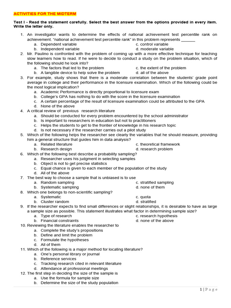 Research Methods Midterm Activities | PDF | Sampling (Statistics) | Statistics