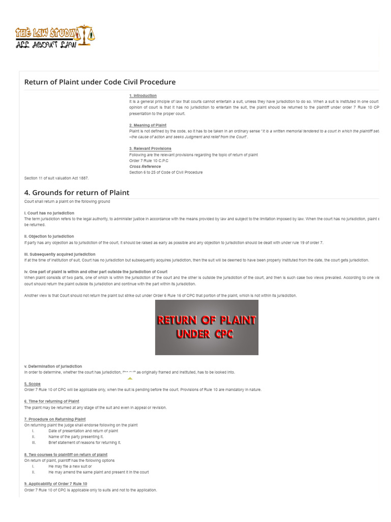 Return of Plaint Under Code Civil Procedure - The | PDF | Lawsuit ...
