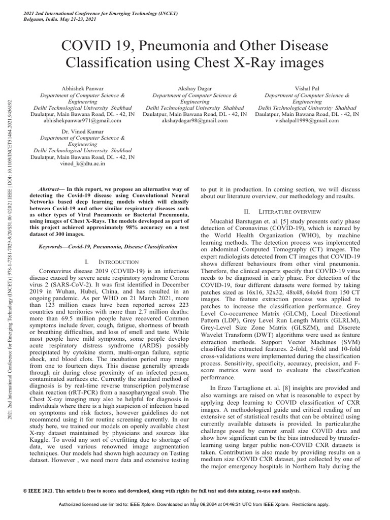 COVID 19 Pneumonia and Other Disease Classification Using Chest X-Ray ...