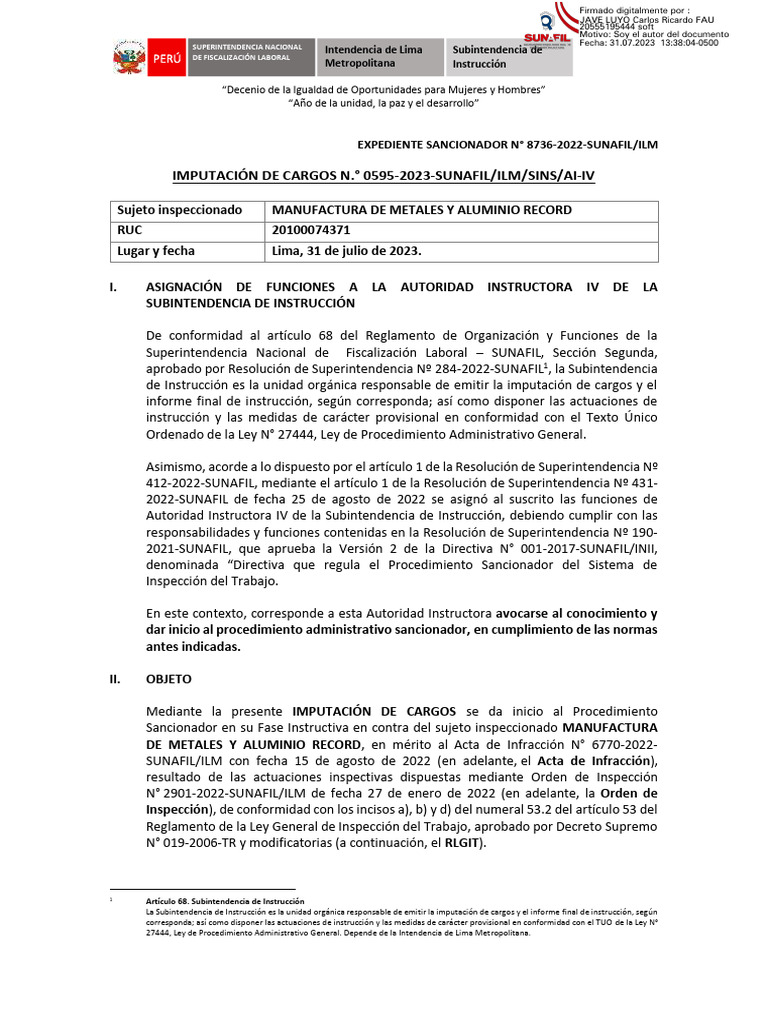 Imputacion de Cargos Edgard Malca | PDF | Derecho laboral | Multa (pena)