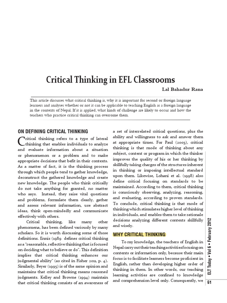 Importance of Critical Thinking in EFL | PDF | Critical Thinking ...