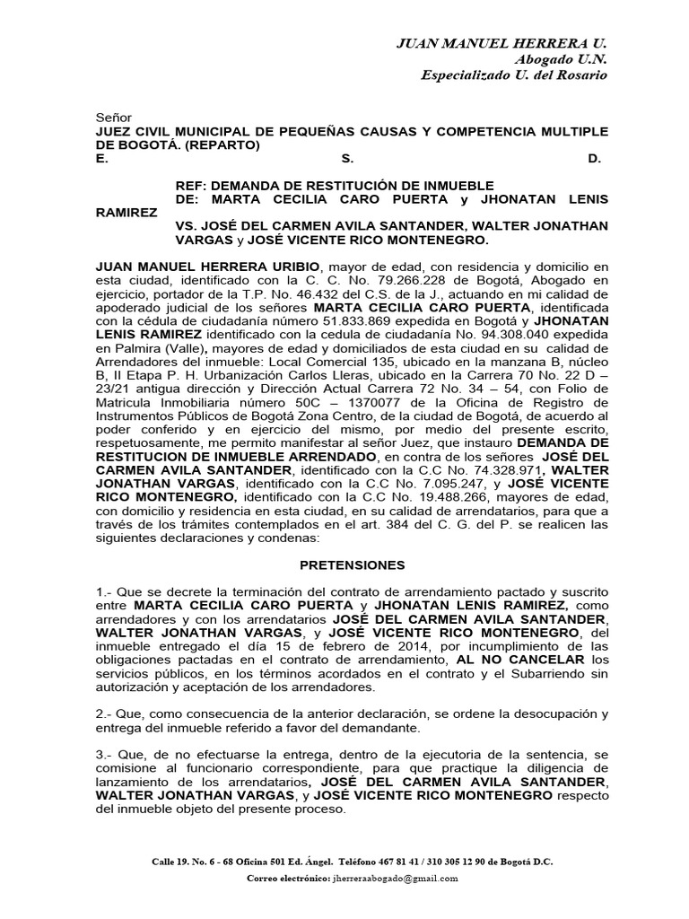 Demanda de Restitucion de Inmueble de Marta Cecilia Caro y Jonathan ...