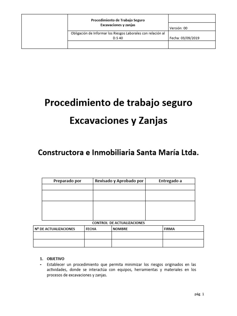 Procedimiento de Trabajo Seguro para Excavaciones y Zanjas | PDF ...