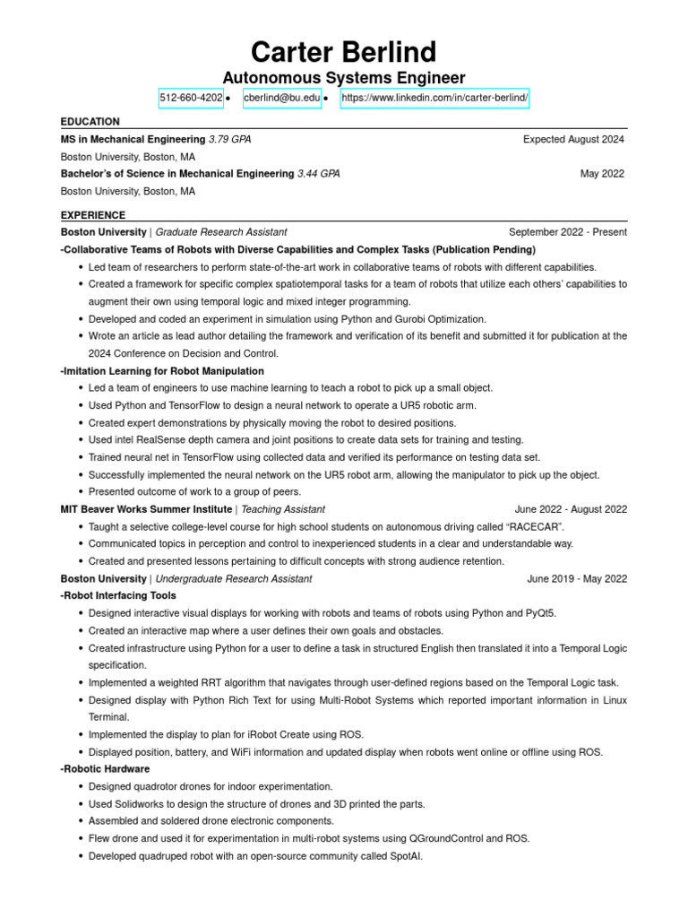 Carter T Berlind Resume | PDF | Nonlinear System | Robot