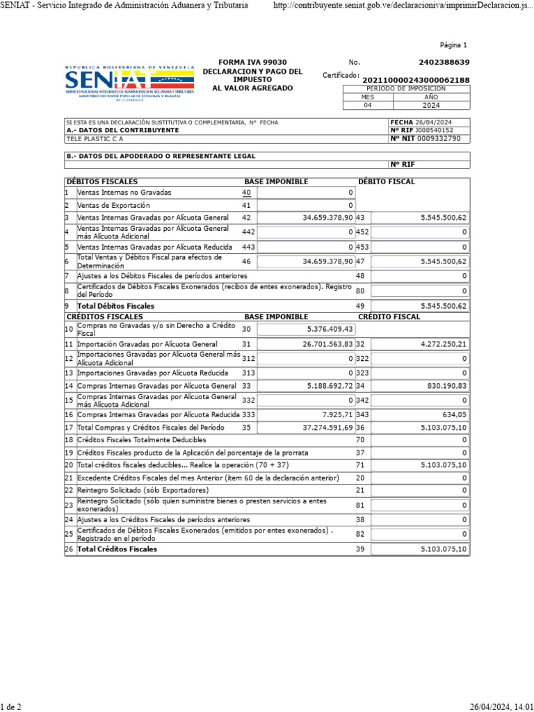 4.1 Declaracion IVA 1RA Quincena ABRIL 2024 | PDF | Impuestos | Impuesto al valor agregado