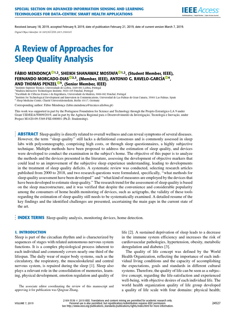 A Review of Approaches For Sleep Quality Analysis | PDF | Sleep | Sleep Disorder