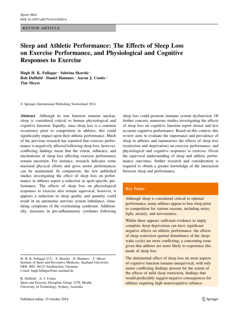 Sleep and Athletic Performance - The Effects of Sleep Loss On Exercise Performance, and ...