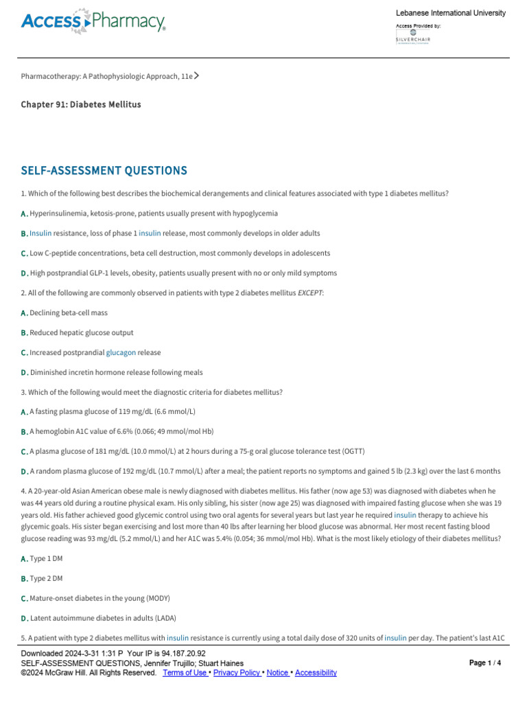 Diabetes Mellitus Self-Assessment Guide | PDF | Diabetes | Glycated ...