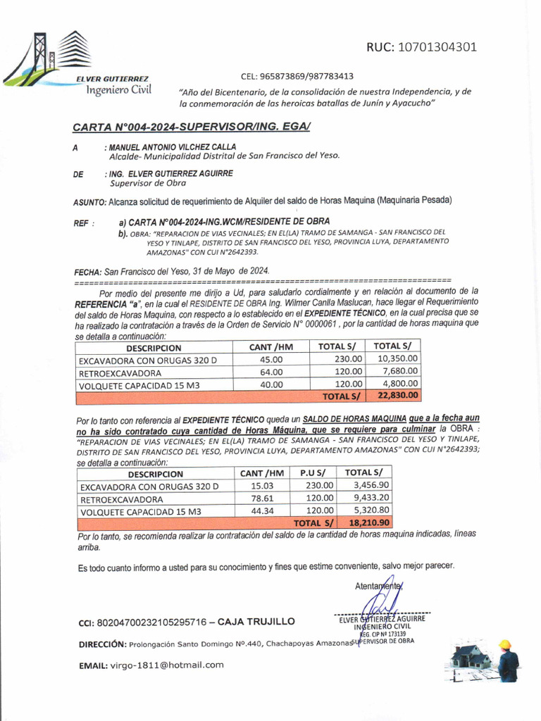 Carta N°04 Requerimiento de Saldo de Horas Maquina | PDF