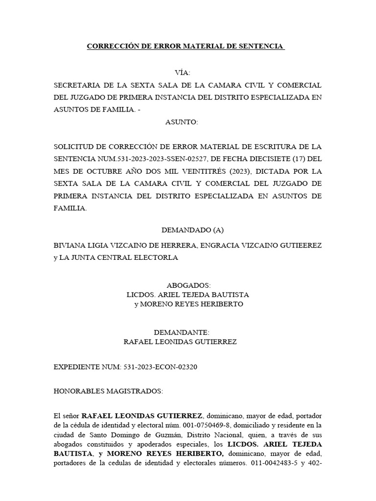 Instancia de Corrección de Error Material de Sentencia | PDF | República Dominicana | Gobierno