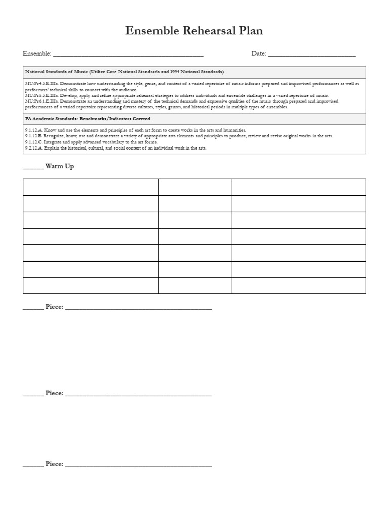 01 Ensemble Rehearsal Plan Template | PDF | Performing Arts | Musicology