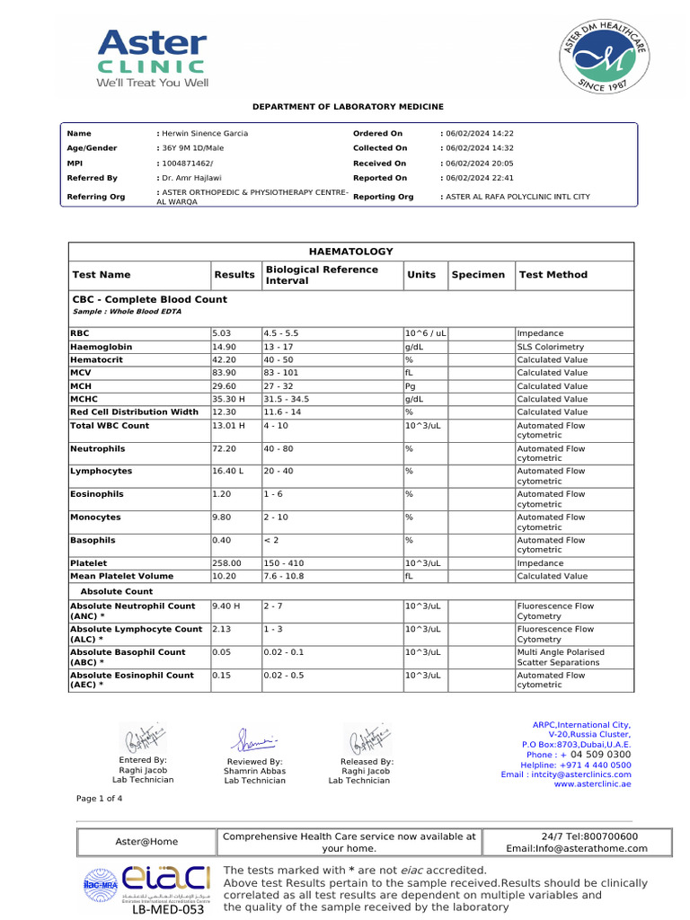 Lab Report 16428231 20240208043839 | PDF | Blood | Medical Tests