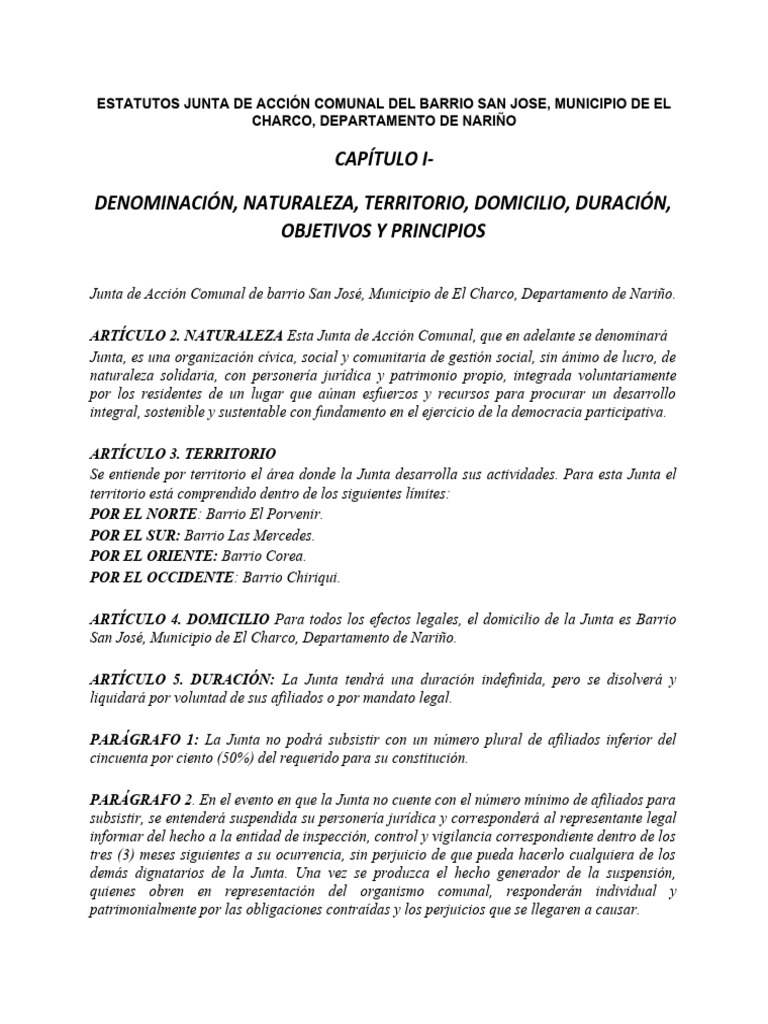 Estatutos Junta de Acción Comunal Barrio Bustamante | PDF | Quórum | Comisión Europea