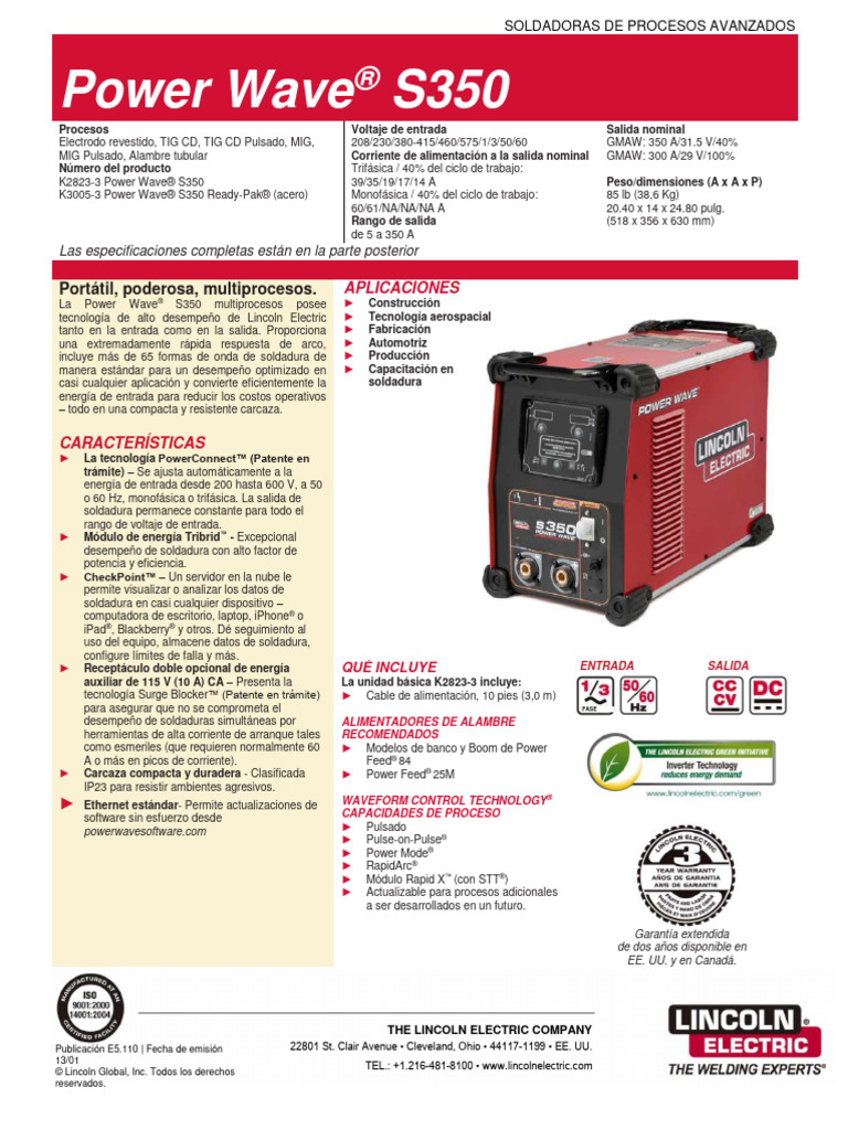 Ficha Tecnica Power Wave S350 | PDF | Soldadura | Construcción