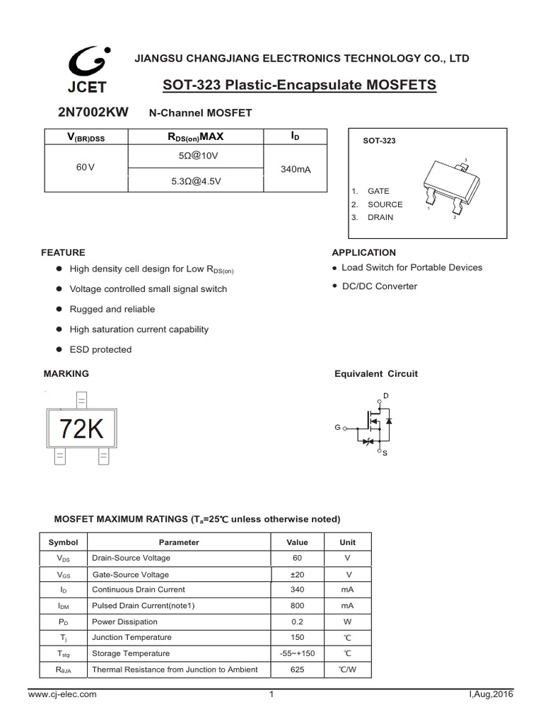 2N7002KW N-Channel MOSFET Specs | PDF | Mosfet | Field Effect Transistor