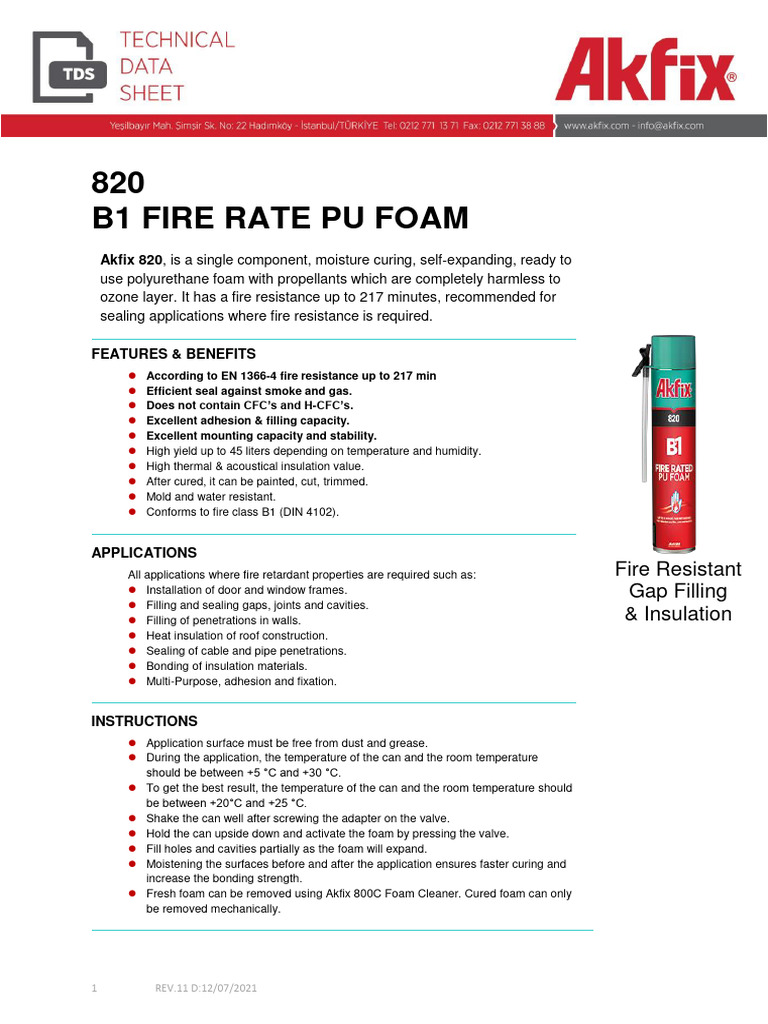820 B1 Fire Rated PU Foam TDS ENG | Download Free PDF | Polyurethane | Thermal Insulation