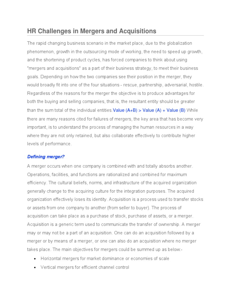 HR Challenges in Mergers and Acquisitions | PDF | Mergers And ...