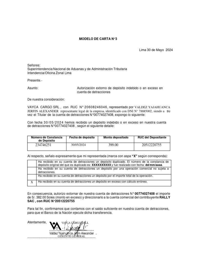Solicitud de Extorno de Depósito Indebido | PDF | Finanzas y dinero