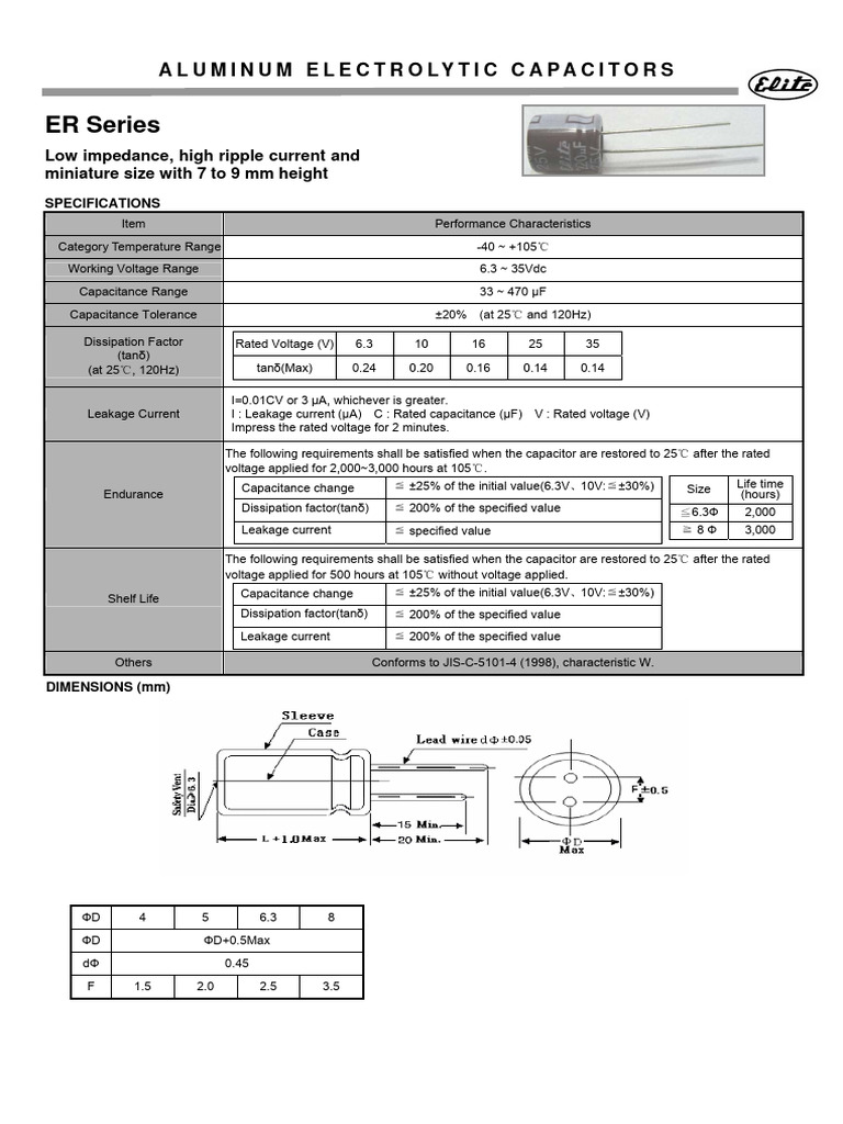 Elite (Radial Thru-Hole) ER Series | PDF | Capacitance | Capacitor