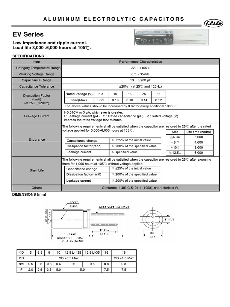Elite (Radial Thru-Hole) EV Series | PDF | Capacitor | Physical Quantities