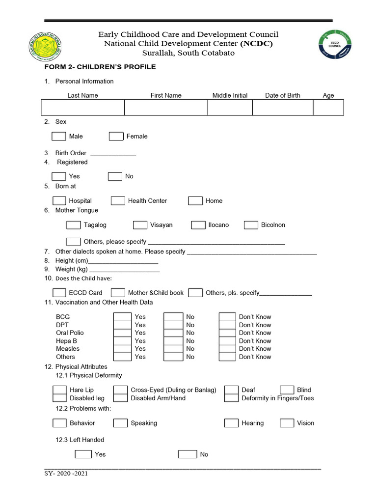 Form 2childrens Profile REVISED | PDF | Child Care | Preschool