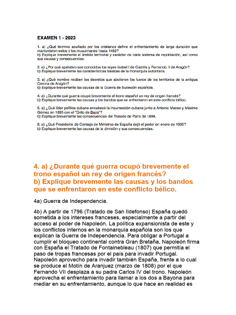 Preguntas Exámenes 2023 Resueltas | PDF | Guerra peninsular | Napoleón