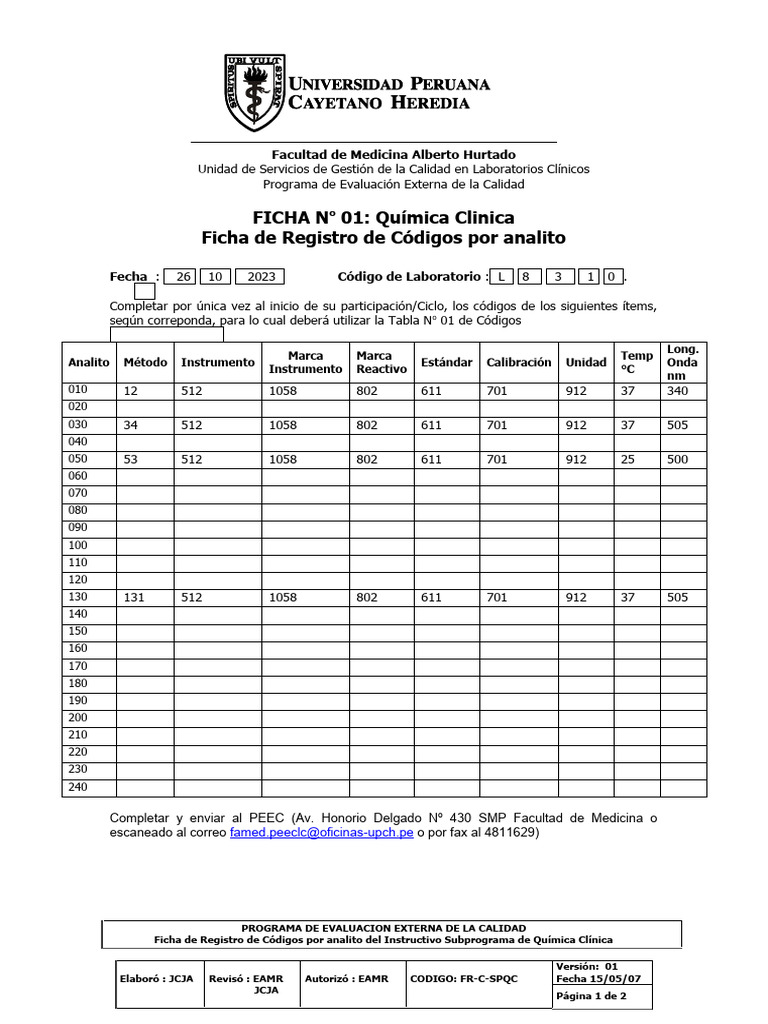 ACTUAL OCTUBRE Ficha N°1 Química Clínica - Ficha de Registro de Códigos ...