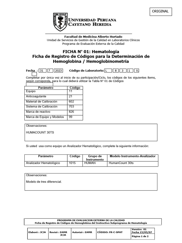 Ficha No 01 Ficha de Registro de Códigos para Hemoglobinometría y ... Ficha No 01 Ficha de Registro de Códigos para Hemoglobinometría y ...