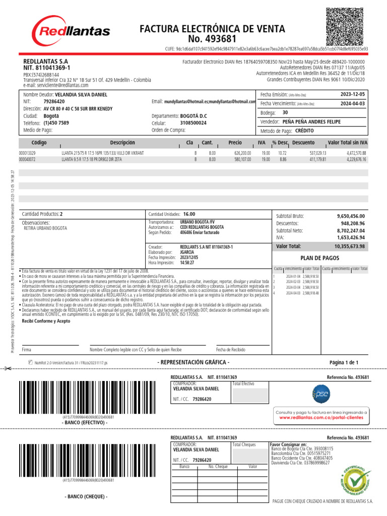 Factura Electrónica de Venta No. 493681: Redllantas S.A NIT. 811041369 ...