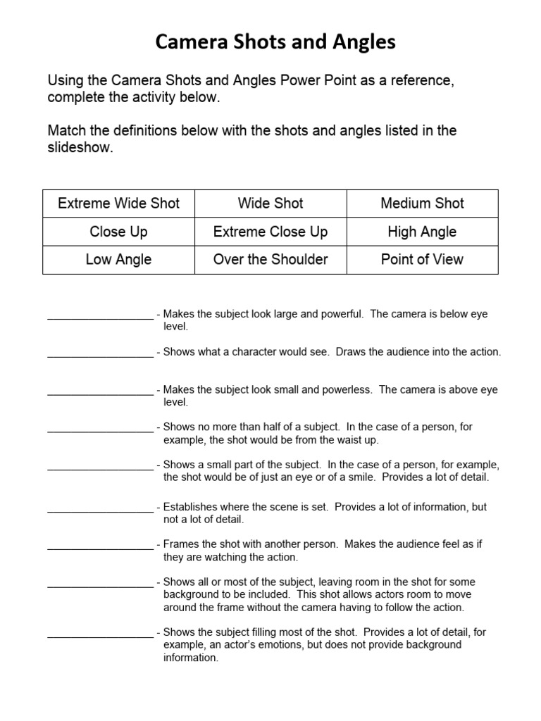 CAmera Shots and Angles Worksheet | PDF | Home & Garden