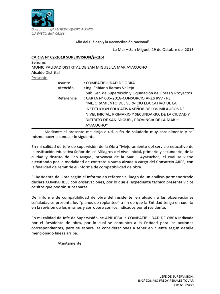 Carta N 02 Compatibilidad de Obra | PDF | Presupuesto | Fundación (Ingeniería)