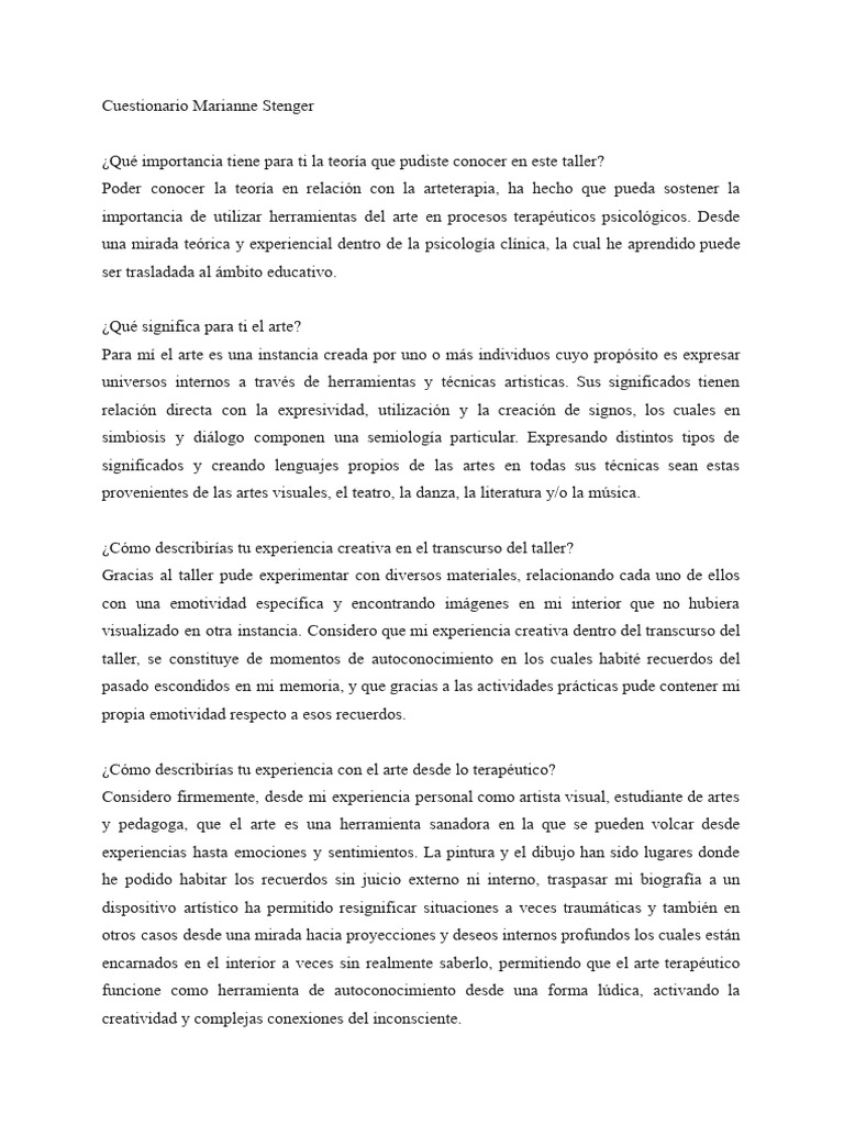 Cuestionario Marianne Stenger | PDF | Terapia artística | Experiencia
