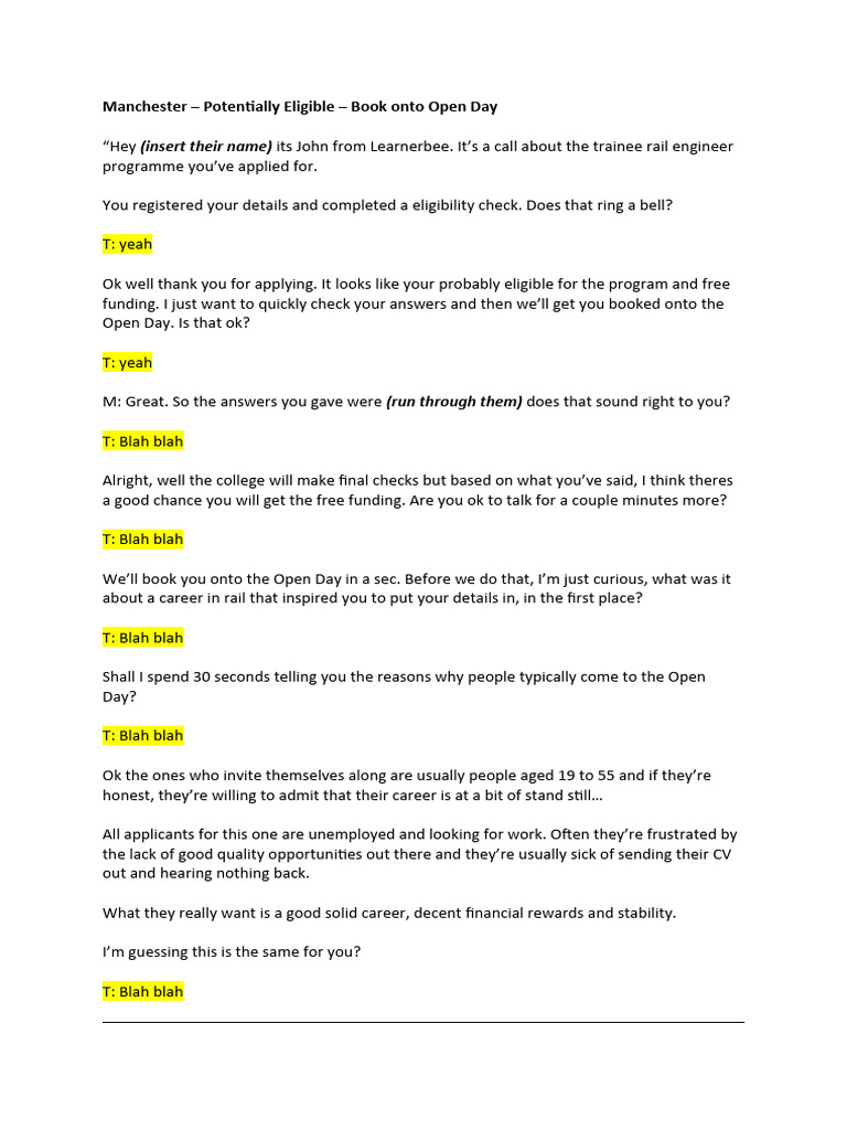 1 - LB Outbound Call Script - Potentially Eligible - Book Onto Open Day ...