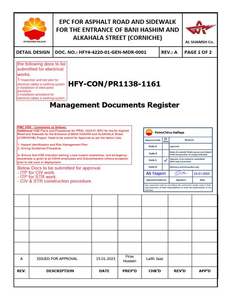 HFY4-4220-01-GEN-MDR-0001 - A - Management Documents Register - Code C ...