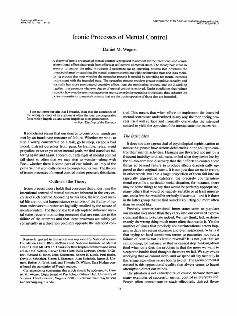 Wegner (1994) Ironic Processes of Mental Control | PDF