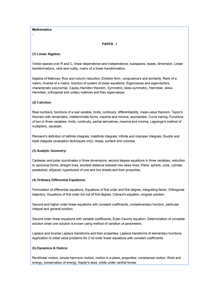 Mathematics 1 Mains Syllabus | PDF | Equations | Matrix (Mathematics)